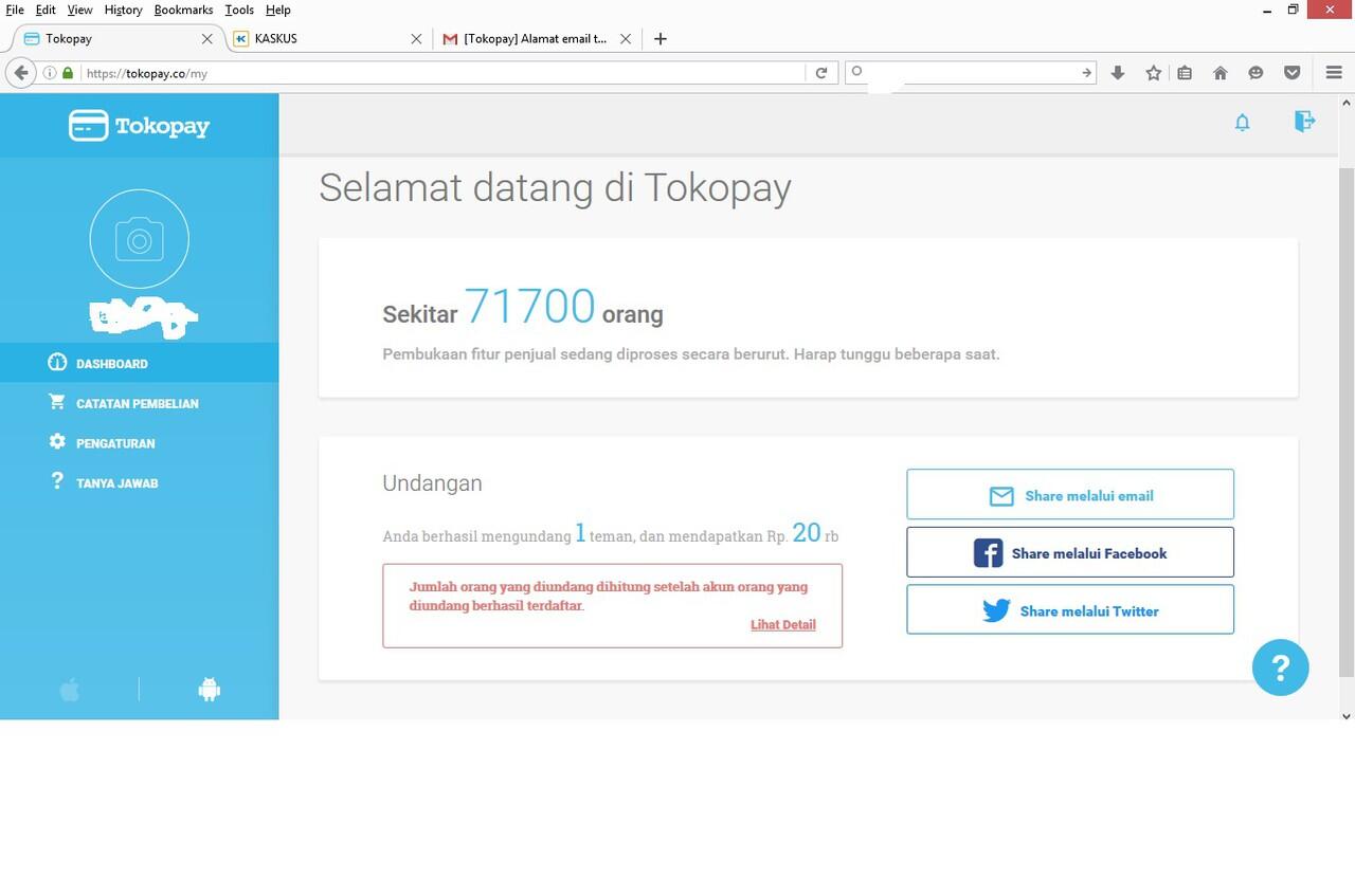 UANG GRATIS RP.50.000 DARI TOKOPAY + RP20.000 MENGUNDANG TEMAN/MEMBER BARU. | KASKUS