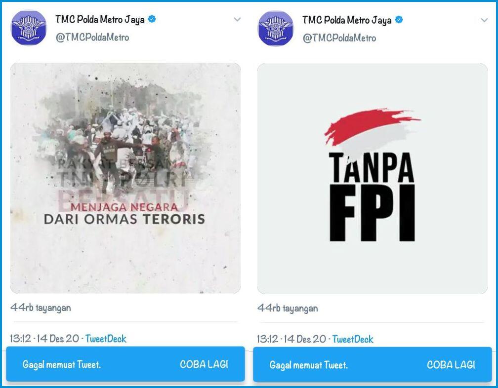 Akun Twitter TMC Polda Metro Unggah Video “Tanpa FPI”, Lalu Dihapus | KASKUS
